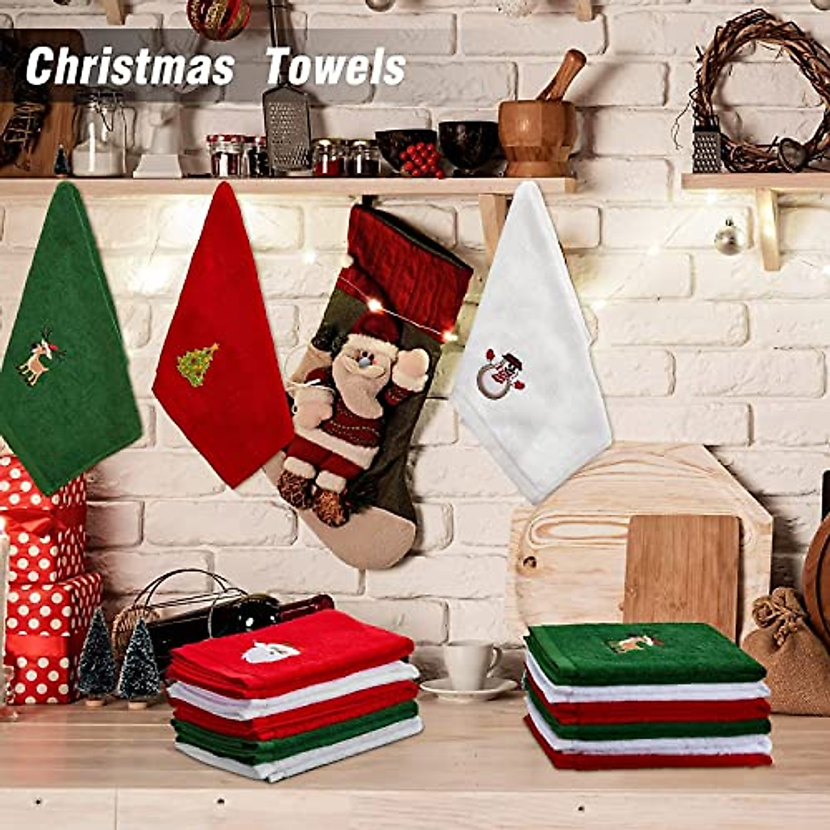 6 Pieces Christmas Decorative Hand Towels Embroidered Santa Reindeer Snowman Christmas Tree Dish Towels Soft Green Red White Fabric Bathroom Towels for Home Kitchen Bathroom Cleaning (Classic Style)