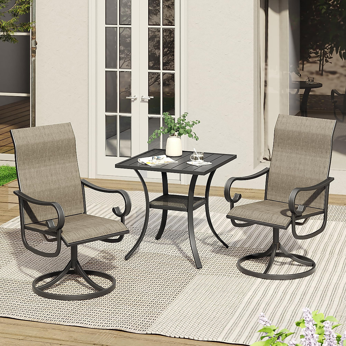 VICLLAX Patio Swivel Dining Chairs Set of 6, Outdoor furnitures Breathable Fabric with Curved Arms for Lawn Deck, Black Frame