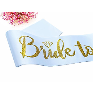 Ashaqshnglee Bride to Be Sash, Bachelorette Party Sash for Bridal Shower Wedding Party Favors Accessories Supplies Engagement Gifts,White Satin with Glitter Letter Gold
