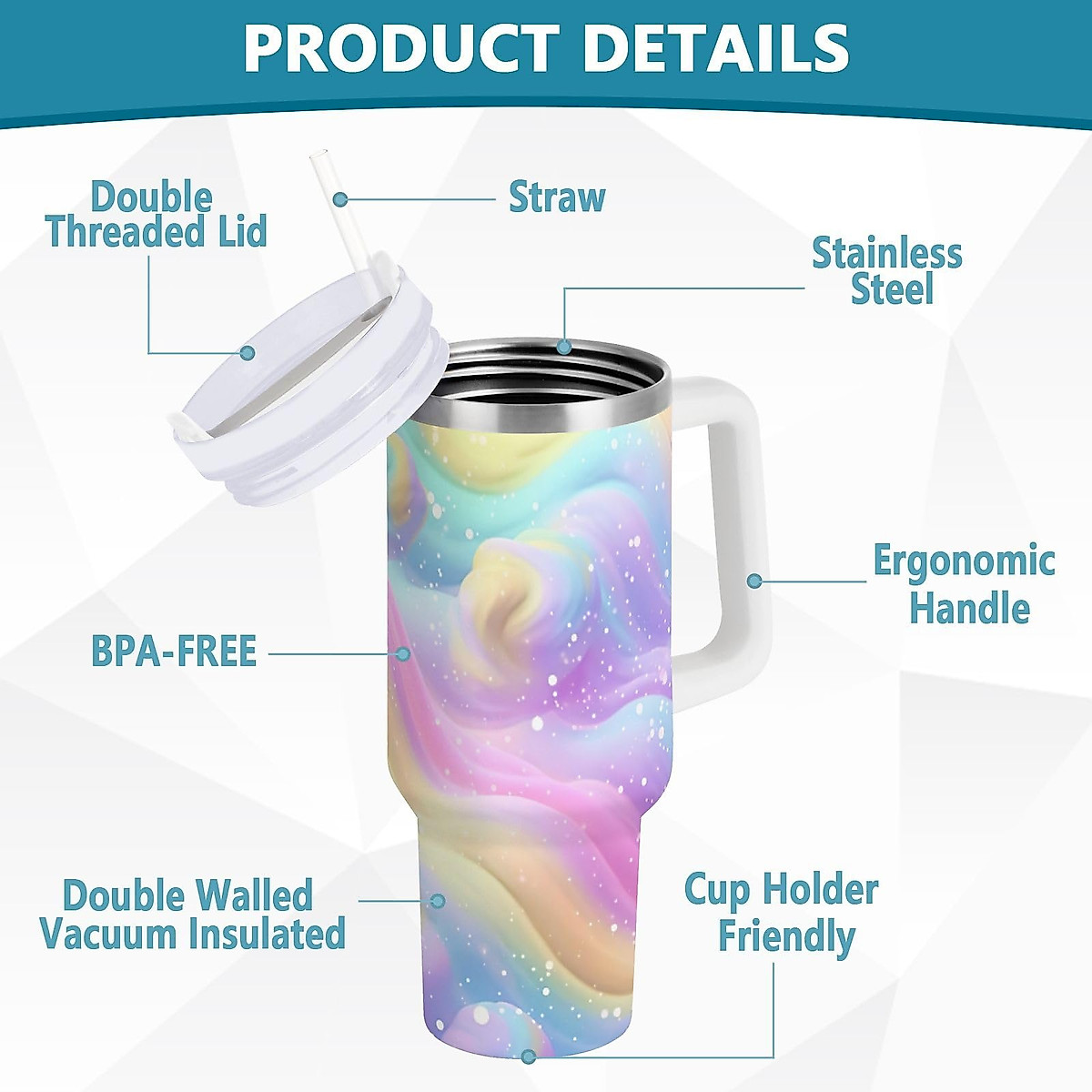 KEEPREAL 30 oz Rainbow Ice Cream Swirl Tumbler with Handle, Insulated Sports Water Bottle with Lid and Straw, Thermal Stainless Steel Travel Coffee Mug Cup #171