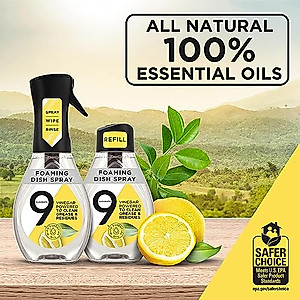 9 Elements Natural Dish Soap, Dishwashing Liquid with Lemon Essential Oils, Made with the Power of Vinegar, 1 Dish Spray Starter Kit & 3 Refills (64 oz Total)