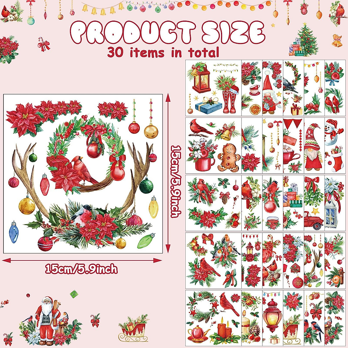 30 Sheets Christmas Rub on Transfers for Crafts and Furniture Xmas Santa Snowman Transfer Stickers Winter Floral Bird Rub on Decal for Home Office Paper Wood DIY Crafts,5.9 x 5.9 Inch