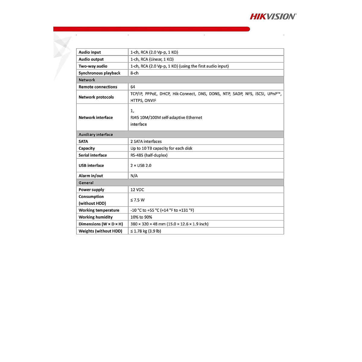 Hikvision DS-7208HQHI-K2 H.265 Pro+ 8CH Turbo HD DVR with 4CH IP (up to 12 IP Cameras), Supports up to 4MP HD-TVI/AHD (3MP only CH1 & CH2), 2MP HD-CVI, CVBS, 2 SATA for HDD (HDD not Included)