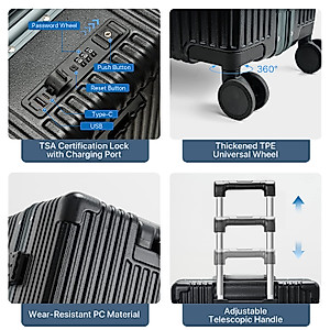 MRPLUM Front Pocket Carry On Luggage,PC Hardside Spinner Wheel Suitcase with TSA Lock, Cup Holder,Phone Holder&USB Charging Port,20 inch,Black