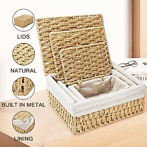 VTOBON Small Wicker Basket with Lid, 3-Pack Toilet Paper Storage Baskets with Removable Liner Tampon Holder for Bathroom Makeup Drawer Desk Closet Organizer Storage, Natural