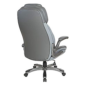 Office Star ECH Series Deluxe Executive High Back Bonded Leather Chair with Adjustable Seat and Padded Flip Arms, Grey with Titanium Nylon Base