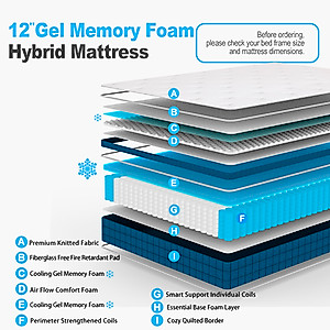 Planet Sleepings 12 Inch Queen Hybrid Mattress Bed in a Box,Medium Firm Gel Memory Foam Mattress with Individually Wrapped Pocket Coils Innerspring for Motion Isolation, CertiPUR-US Certified