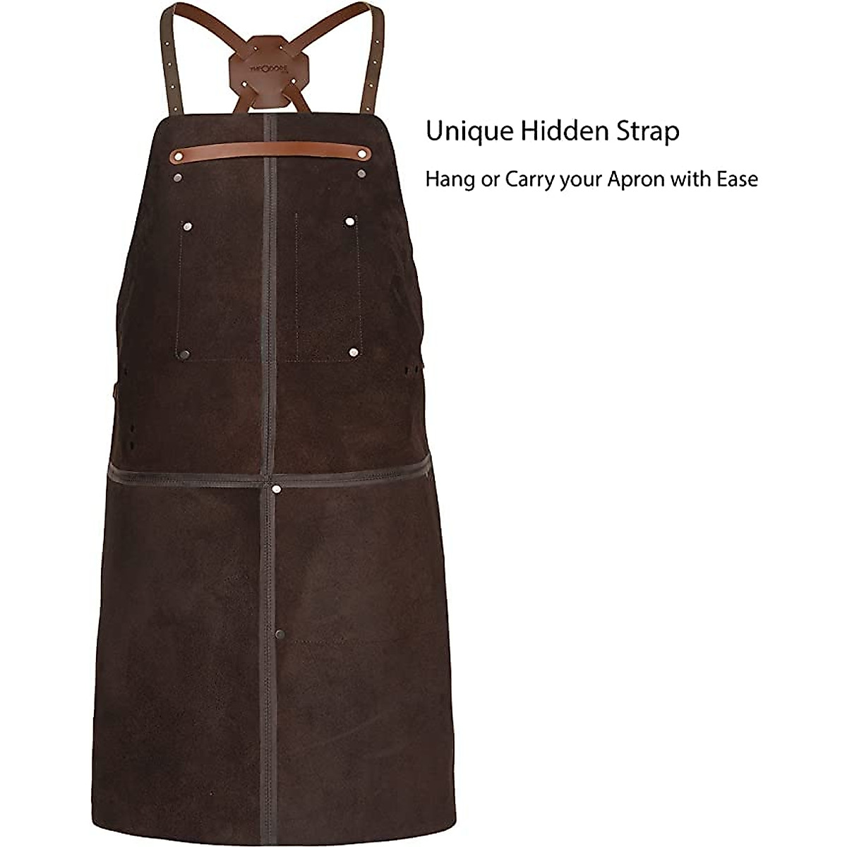 Theodore Top Grain Leather Apron - 32.5” H x 24.5” W with Adjustable Crossback Leather Straps. Our Leather Apron for Men has 2 Large Pockets and a Towel Strap. Grill Apron is Flame & Heat Resistant