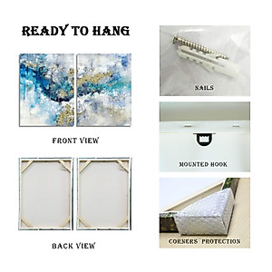 TAR TAR STUDIO Abstract Canvas Artwork Wall Art: White and Blue Painting Hand Painted Picture for Bedroom (18''W x 24''H x 2 PCS)