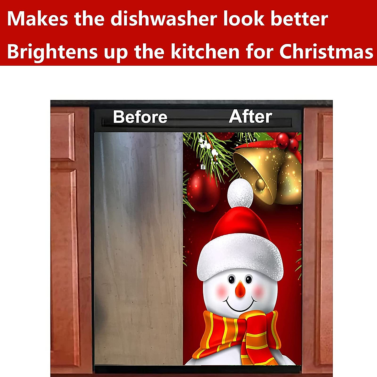 Dishwasher Magnet Cover Panel for The Front, Christmas Red Snowman Bell Magnetic Covers Sticker Decal Washing Machine Cover Decorative Home Season Decor,26x23