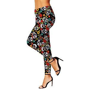 AOBUTE Women's Halloween Leggings Scary Skull Printed High Waist Yoga Pants Day of The Dead Tights L