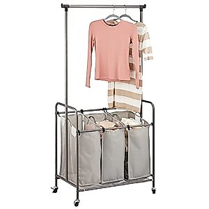 mDesign Portable Laundry Sorter with Wheels and Garment Hanging Bar - Heavy Duty Metal Cart System with 3 Hamper Laundry Sorter Basket Organizers and Drying Rack - Dark Graphite/Gray