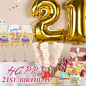 Funnymoom Hand Painted Wine Glass Birthday Gifts for Her Artisan Painted 15oz Gift Happy Birthday Cups (Pink,21st Birthday)