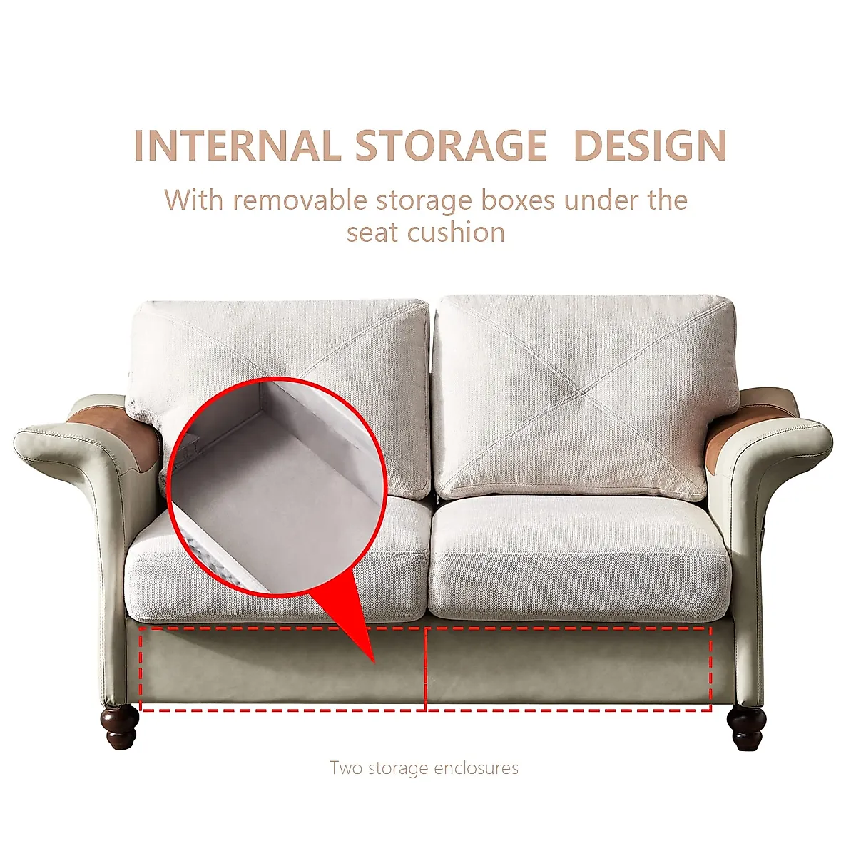 KoiHome Upholstered Loveseat Couch with Side Pockets and Storage Space Under Seat, 61.5" 2-Seater Linen Fabric Faux Leather Sofa Chaise with Curved Arms for Living Room,Bedroom,Office, Wood Leg, Beige