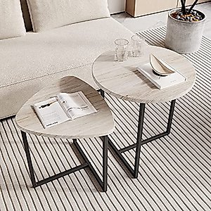 HOJINLINERO Round Coffee Table Set of 2 End Tables for Living Room,Black Small Coffee Table Living Room Table,Metal Frame with Wood Look,Sturdy and Easy Assembly,Stacking Side Tables Bedroom,White