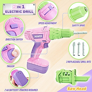 Kids Tool Set, Girls Tool Set Pretend Play Construction Toy Tool with Tool Box, Toddler Tool Set with Electric Toy Drill for Toddler Boy Girl Kid Child Tool Toy Pink Ages 3+