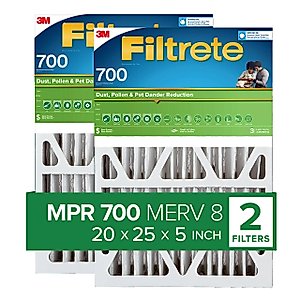 Filtrete 20x25x5 Air Filter, MPR 700, MERV 8, Clean Living Dust, Pollen and Pet Dander Reduction Pleated 5-Inch Air Filters, 2 Filters, White