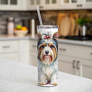 Biewer Terrier Dog Watercolor Style Skinny Tumbler 20oz with Straw Insulated Water Bottle Gift