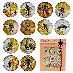 12Pcs Bumble Bees Refrigerator Magnets Crystal Glass Cute Honey Bee Magnet Gifts for Baby Shower Theme Decorations Dry Erase Whiteboard Fridge Office Kitchen Decor