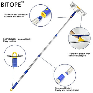 BITOPE 2 in 1 Squeegee for Window Cleaning, 60" Extension Pole Long Handle Window Cleaner Tool,12" Window Squeegee and 2pcs 11" Microfiber Pads for Shower Glass Door, High Window Cleaning Kit