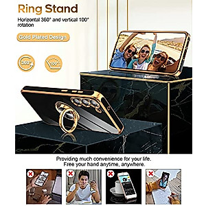 LeYi for Samsung Galaxy S23 Case 360° Rotatable Ring Holder Magnetic Kickstand, Plating Rose Gold Edge Protective Case, Black