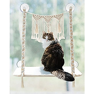 Dahey Cat Window Perch Macrame Cat Hammock Boho Wall Mounted Pet Resting Seat Bed for Indoor Cats Space Saving kitty Sunny Swing Shelf on Window Safety Holds up to 45 lbs with Screw Suction Cups, Gift