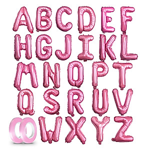 [26 Pcs] 16" Letter Pink Foil Balloons A-Z set, Mylar Aluminum Hanging Alphabet for Valentine's day Romance Mother's day Wedding Graduation Birthday Party Decorations New Year eve