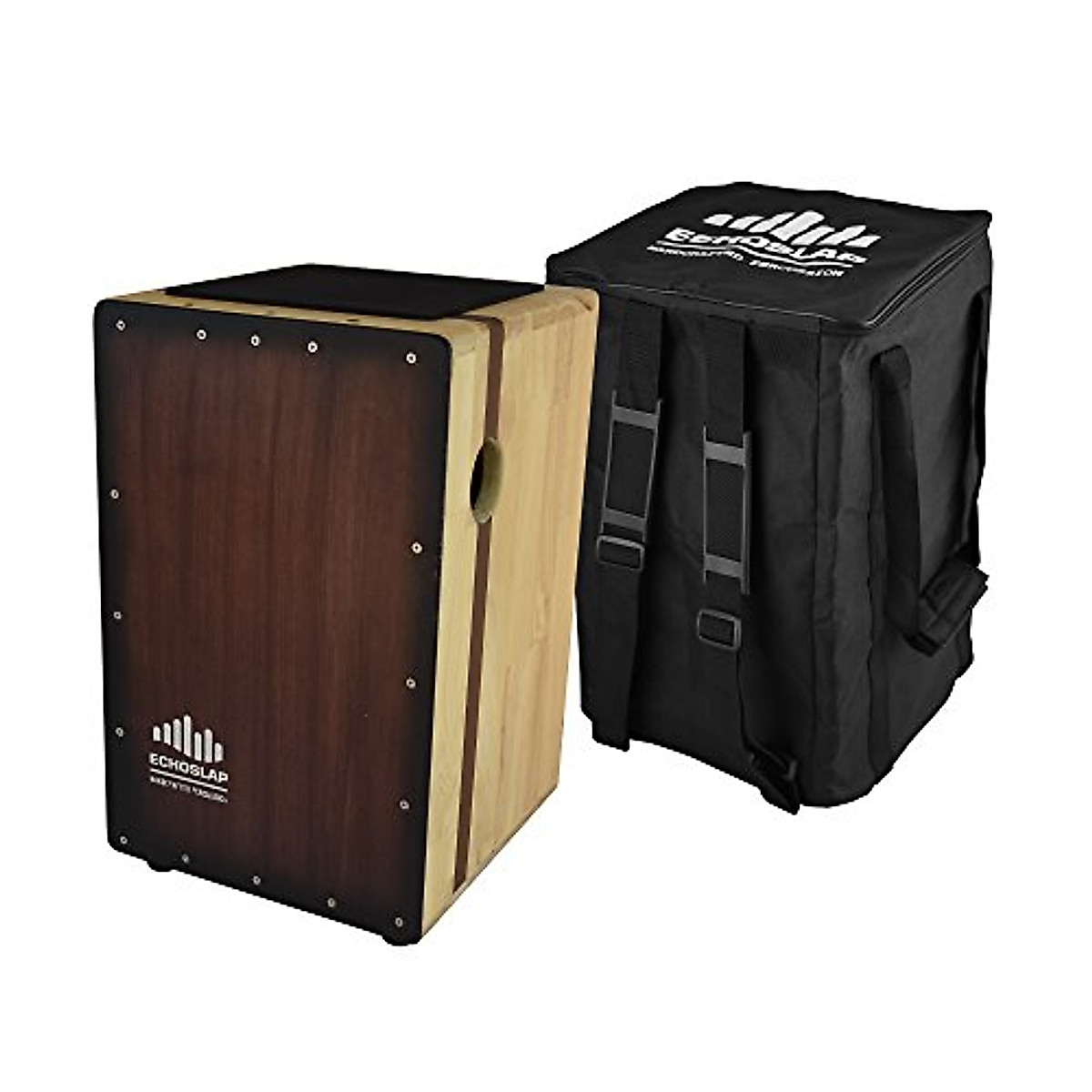 Echoslap Solid Siam Oak Bass Cajon - Vintage Dark Faceplate, Hand Crafted Solid Body for Deep Bass Tones, 6 Adjustable Snare Wires for Crisp Buzz, Two Sound Holes, Padded Seat + Free Backpack Gig Bag