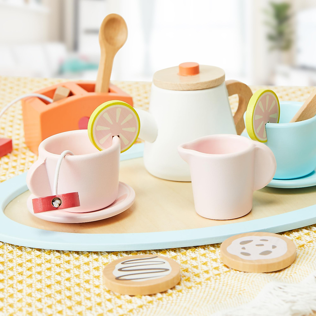 AOKAOK Wooden Tea Set for Little Girls - Play Kitchen Accessories, Kids Tea Party Set with Play Food - Perfect for Imaginative Play and Tea Party Fun!