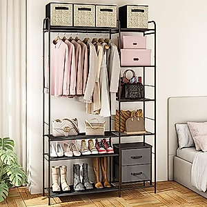 Wisdom Star Garment Rack with Shelves for Hanging Clothes, Free-Standing Clothes Rack with Shelves for Bedroom, Bathroom, Metal Clothes Racks for Hanging Clothes, Coats, Skirts, Shoes, Large, Black