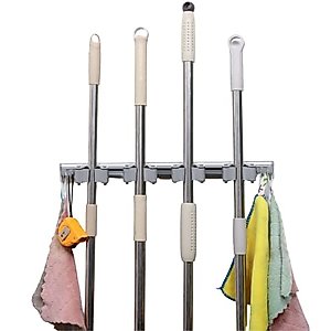 U.S. Solid Mop and Broom Holder, Wall Mounted, 4 Sliding Grippers & 4 Hooks, Garden Tool Organizer, Organize Kitchen, Garage, Laundry, Storage Rooms, 19.6 Inches