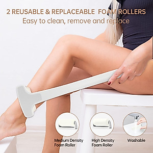 KUMSANITE Lotion Applicator for Back & Body with Folding Curved Long Handle for Any Lotions Sunscreen Cream Medication Ointment for Women Men, 2 Replaceable Foam Rollers with Bracket (White)