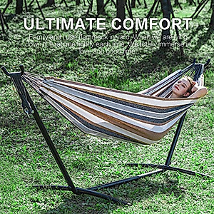 PNAEUT Double Hammock with Space Saving Steel Stand Included 2 Person Heavy Duty Outside Garden Yard Outdoor 450lb Capacity 2 People Standing Hammocks and Portable Carrying Bag (Coffee)