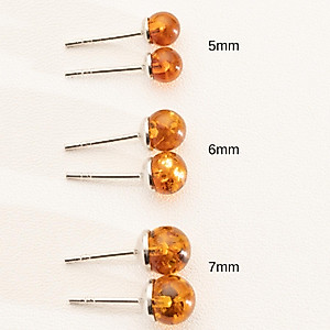 Peora Genuine Baltic Amber 6mm Ball Stud Earrings 925 Sterling Silver, Rich Cognac Color, Friction Backs