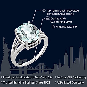 Gem Stone King 4.00 Cttw Sky Blue Simulated Aquamarine Ring For Women In 925 Sterling Silver | Gemstone Birthstone | Oval 12X10MM | Available In Size 5,6,7,8,9