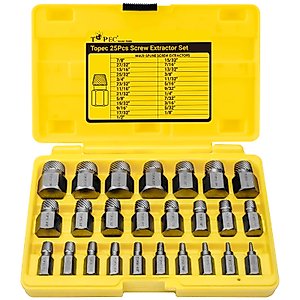 Topec 25Pcs Screw Extractor Set, Hex Head Multi-Spline Easy Out Bolt Extractor Set, Premium High Carbon Steel Rounded Bolt Remover