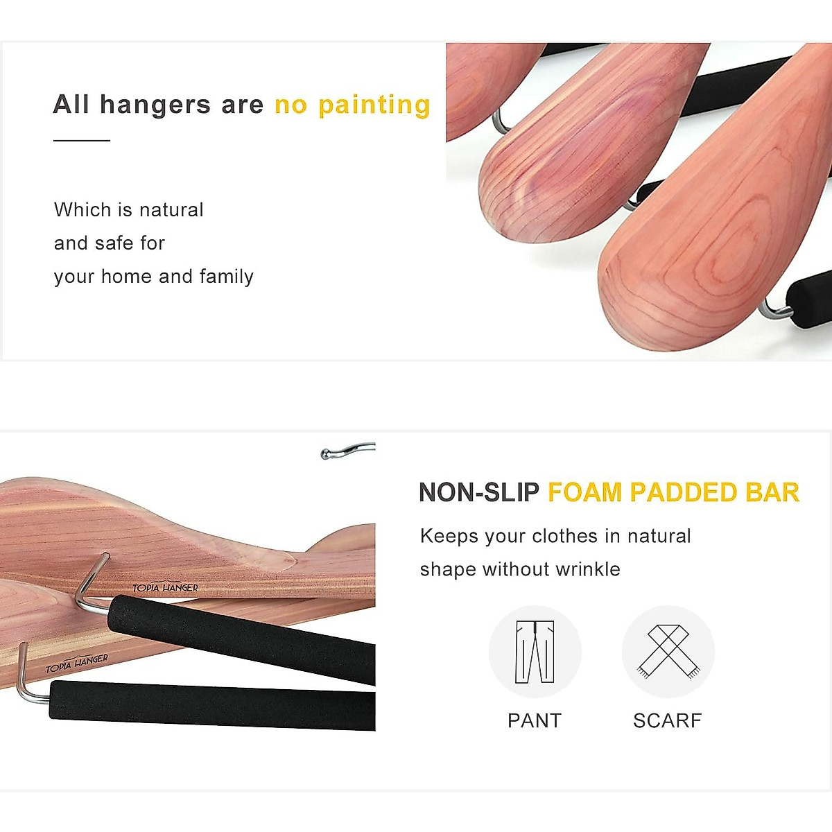 TOPIA HANGER American Red Cedar Wide Shoulder Wooden Hangers 8 Pack, Luxury Wood Suit Coat Hangers with Black Padded Pant Bar-360° Swivel Chrome Hook, Natural- CT07W-8