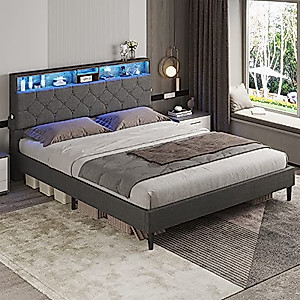 ADORNEVE LED Bed Frame Full Size with Storage Headboard, Platform Bed Frame with Outlets and USB Ports, Upholstered Bed with LED Lights & Storage, Diamond Stitched Button Tufted Design, Dark Grey