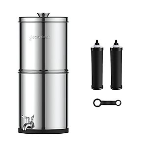 GLACIER FRESH Gravity-fed Water Filter System, Stainless Steel 2.25G Gravity Water Filter with 2 Black Carbon Filters and Metal Spigot, for Home, Camping, and RVing