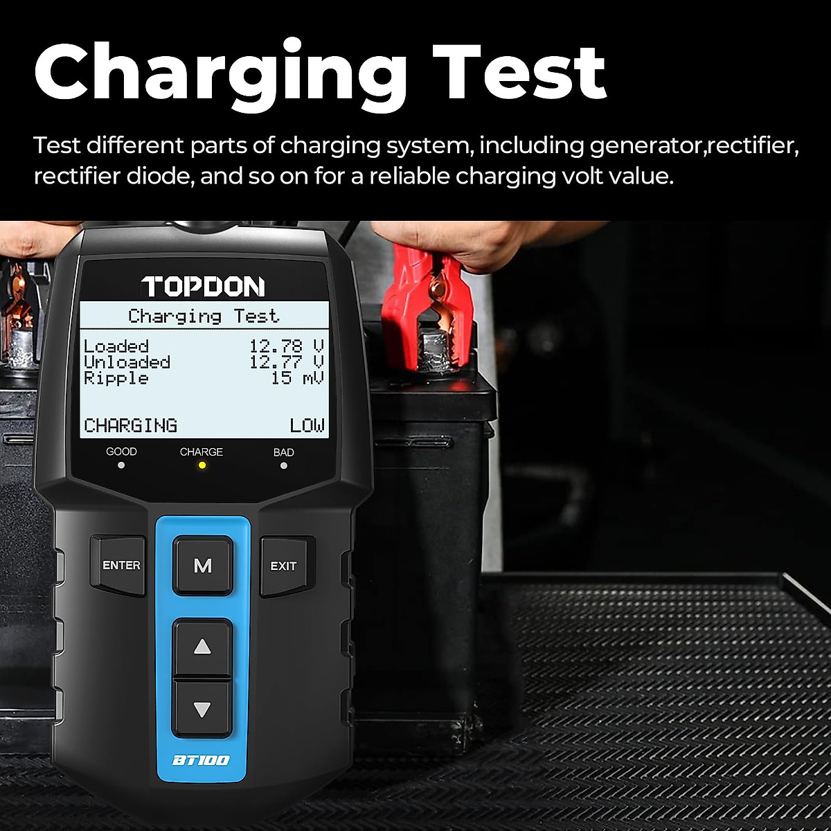 TOPDON BT100 Car Battery Tester 12V Load Tester, 100-2000 CCA Automotive Alternator Tester Digital Auto Battery Analyzer Charging Cranking System Tester for Car Truck Motorcycle ATV SUV Boat Yacht