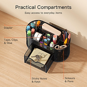 Desk Organizer Mesh Desktop Office Supplies Multi-functional Caddy Pen Holder Stationery with 8 Compartments and 1 Drawer for Office, Home, School, Classroom by Pipishell