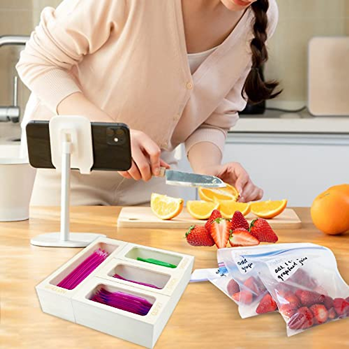 Ziplock Bag Storage Organizer for Drawer-Wood Ziplock Bag Storage Holds Kitchen Drawer or Wall Hanging, Holds Gallon, Quart, Snack Sizes, Sandwich Compatible with Hefty, Glad (Nature)