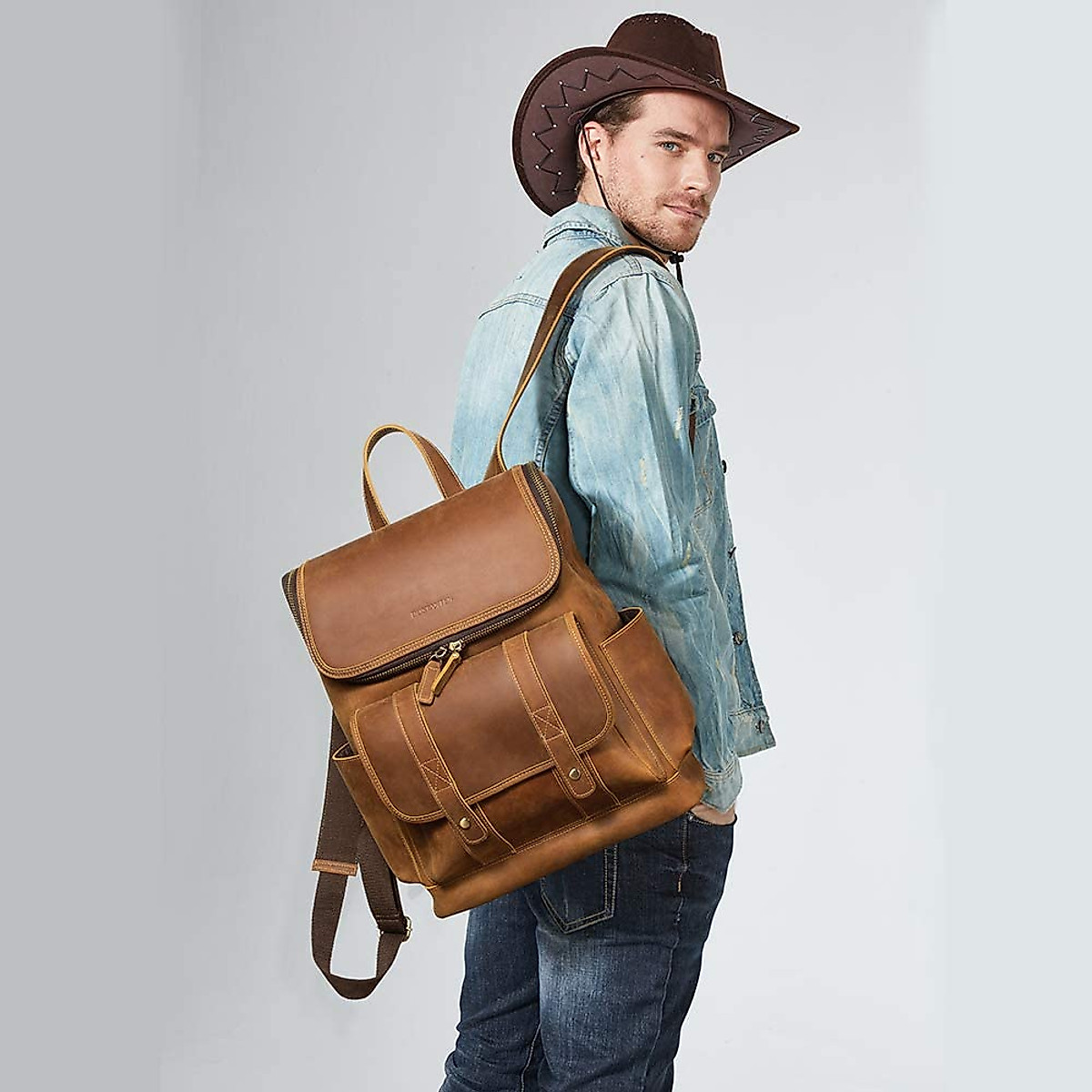 BOSTANTEN Leather Backpack 15.6 inch Laptop Backpack bundle Mens Belts