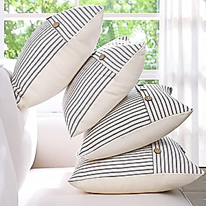 Farmhouse Button Pillow Covers 18 x 18, Black and Beige Striped Patchwork Pillow Covers, Set of 2 Modern Accent Square Couch Pillow Cases, Decorative Pillowcases with Buttons for Sofa Couch Bed