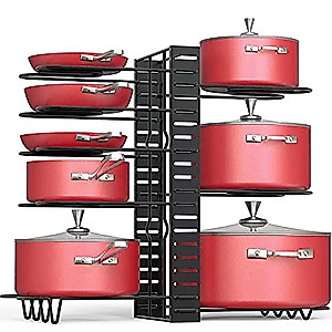 Podxco Pan Organizer Rack for Cabinet Pot Rack with 3 Diy Methods Adjustable Pot and Pan Organizer with 8 Tiers Pot Lid Organizer Holder Metal Heavy Duty Pot Organizer for Kitchen Counter and Cabinet