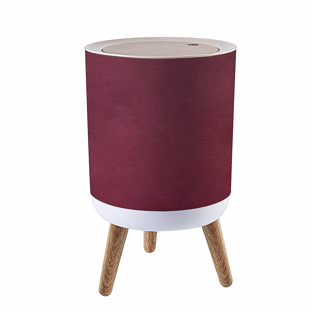 CAKOJV188 Round Trash Can with Press Lid Real Leather Color Burgundy Texture Made from Cow Skin Small Garbage Can Trash Bin Dog-Proof Trash Can Wooden Legs Waste Bin Wastebasket 7L/1.8 Gallon