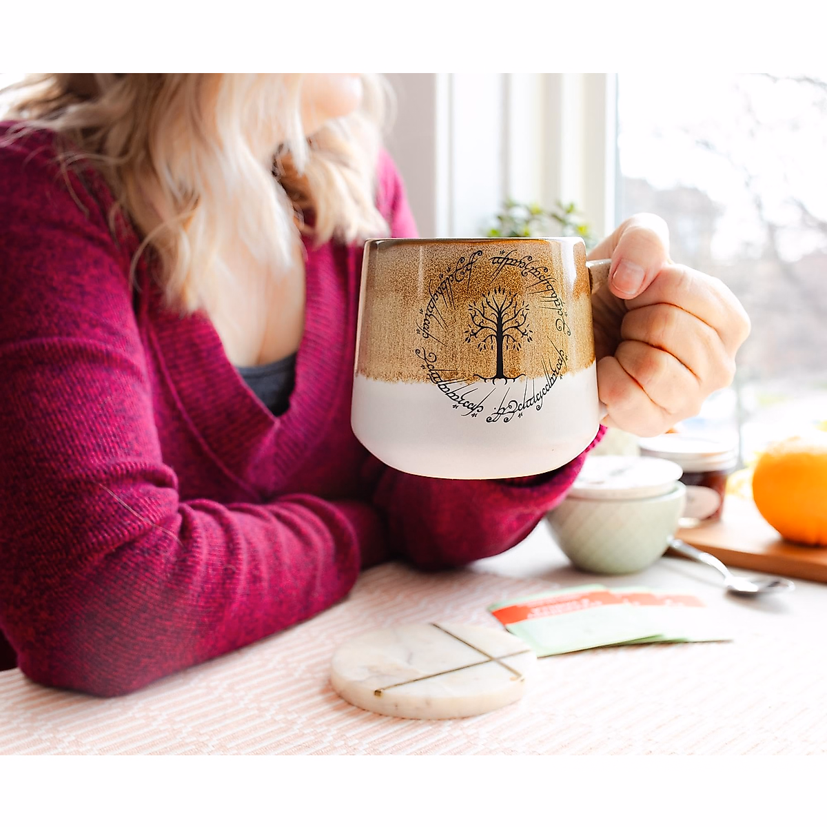 Silver Buffalo The Lord Of The Rings Gondor Elven Text Tapered Pottery Mug | Large Coffee Cup For Tea, Espresso, Cocoa | Holds 18 Ounces