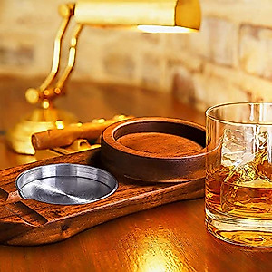 Cigar Ashtray Coaster Whiskey Glass Tray and Cigar Holder, Wooden Ash Tray, Slot to Hold Cigar, Cigar Rest, Cigar Accessories Set Gift for Men Dad, Great Decor for Home,Office or Bar