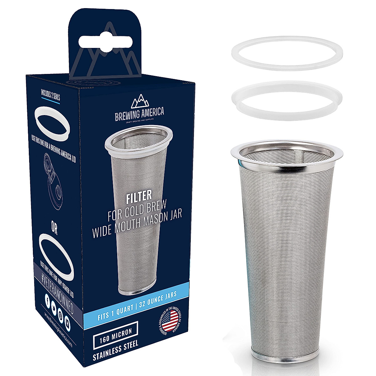 Wide Mouth Mason Jar Lids and 1 Quart Filter for Cold Brew Coffee - 4-pack American-made No-Leak Lids and Quality Stainless Steel Filter