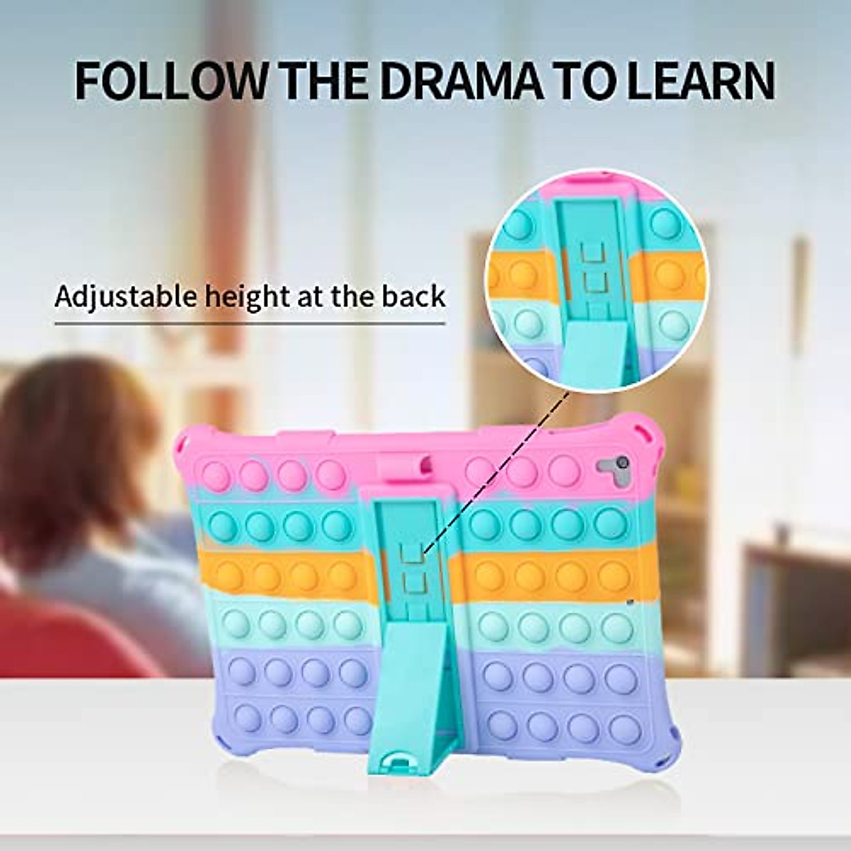 IPad 5th Generation Kids Case, UFAINEI IPad 6th Generation Kids Case, Kids Case for iPad 9.7 inch with Kickstand, Shoulder Strap and Pencil Holder, Bubble Popit Case for iPad Pro 9.7 inch-Rainbow Pink